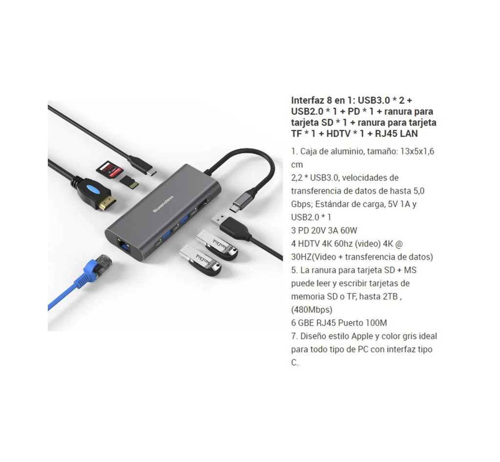 Hub Usb C Adaptador Multipuerto Hdmi Rj45 Pd 8 En 1 - Nitro Systems